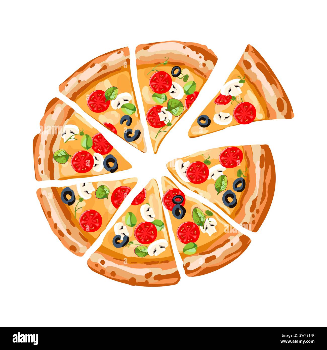 Pizza sliced with tomatoes and cheese. Italian pizza with olives and ...