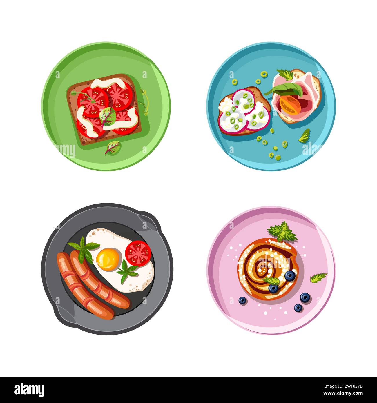 Healthy breakfast. Frying pan with scrambled eggs and sausages, tomatoes, lettuce. Plate with ...