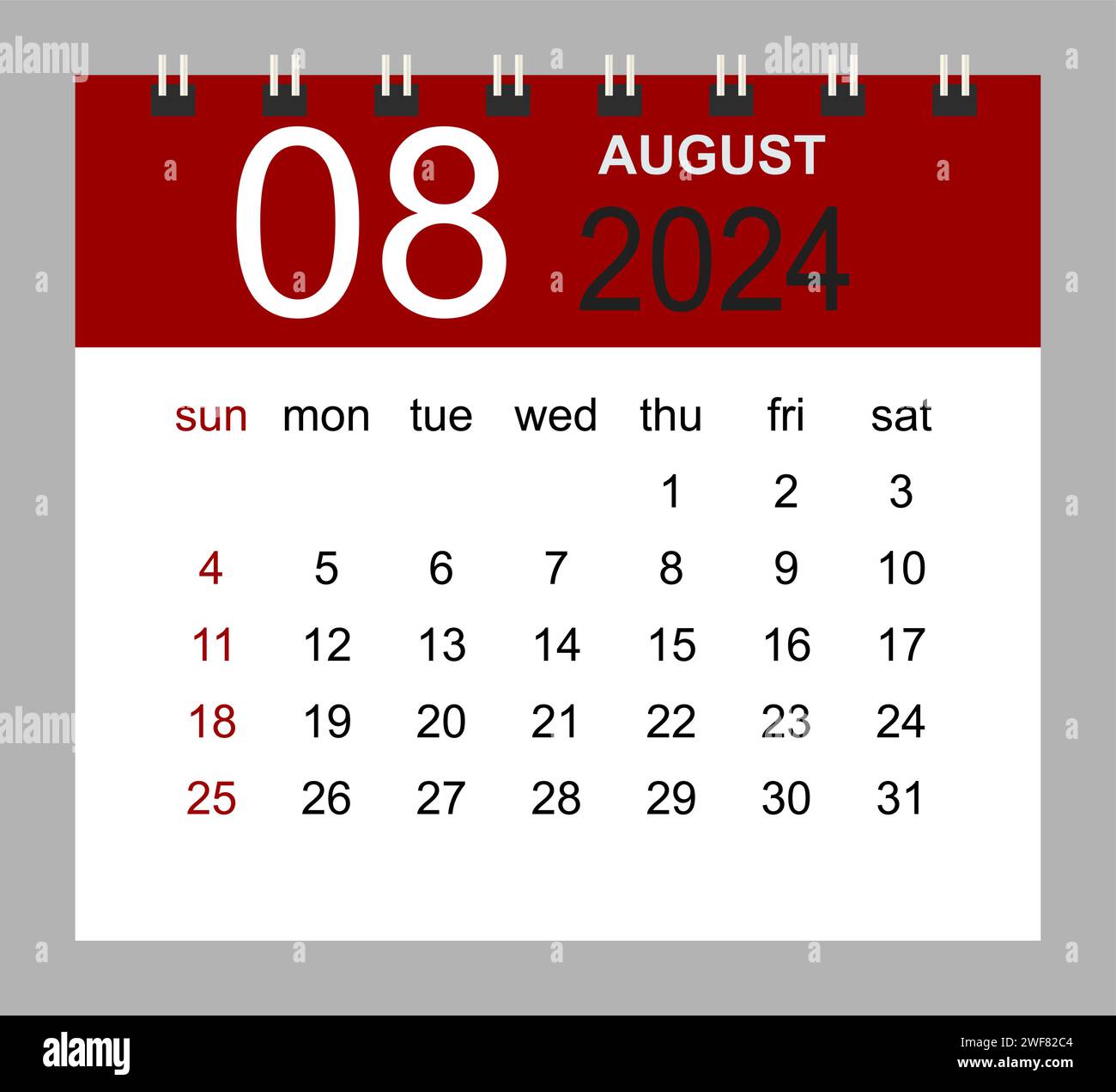 August 2024. Vector monthly calendar template 2024 year in simple style ...