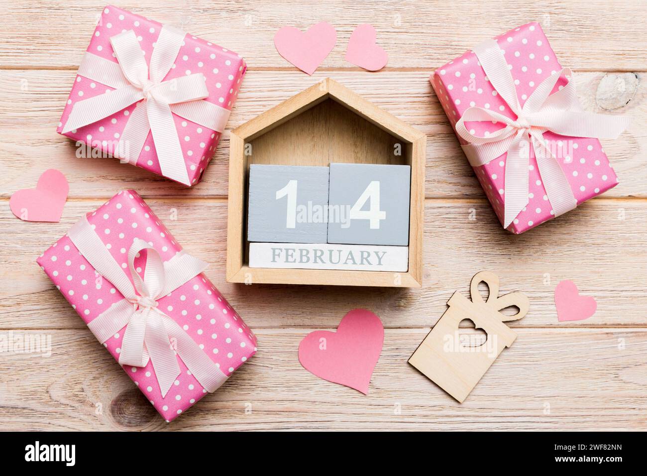 Valentine Day theme with wooden block calendar. Greeting card template ...