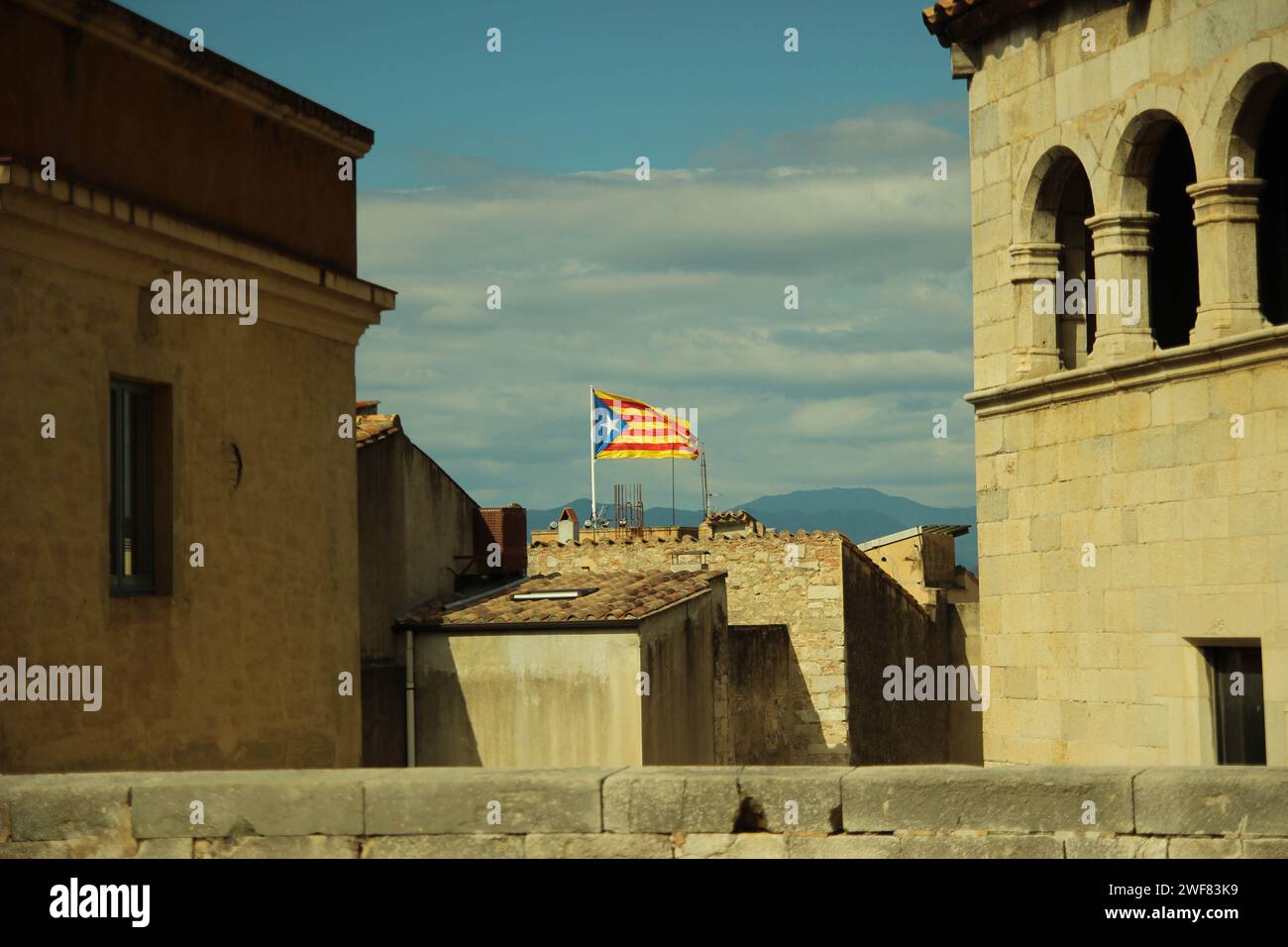 Horizontal landscape with catalonian flag Stock Photo - Alamy