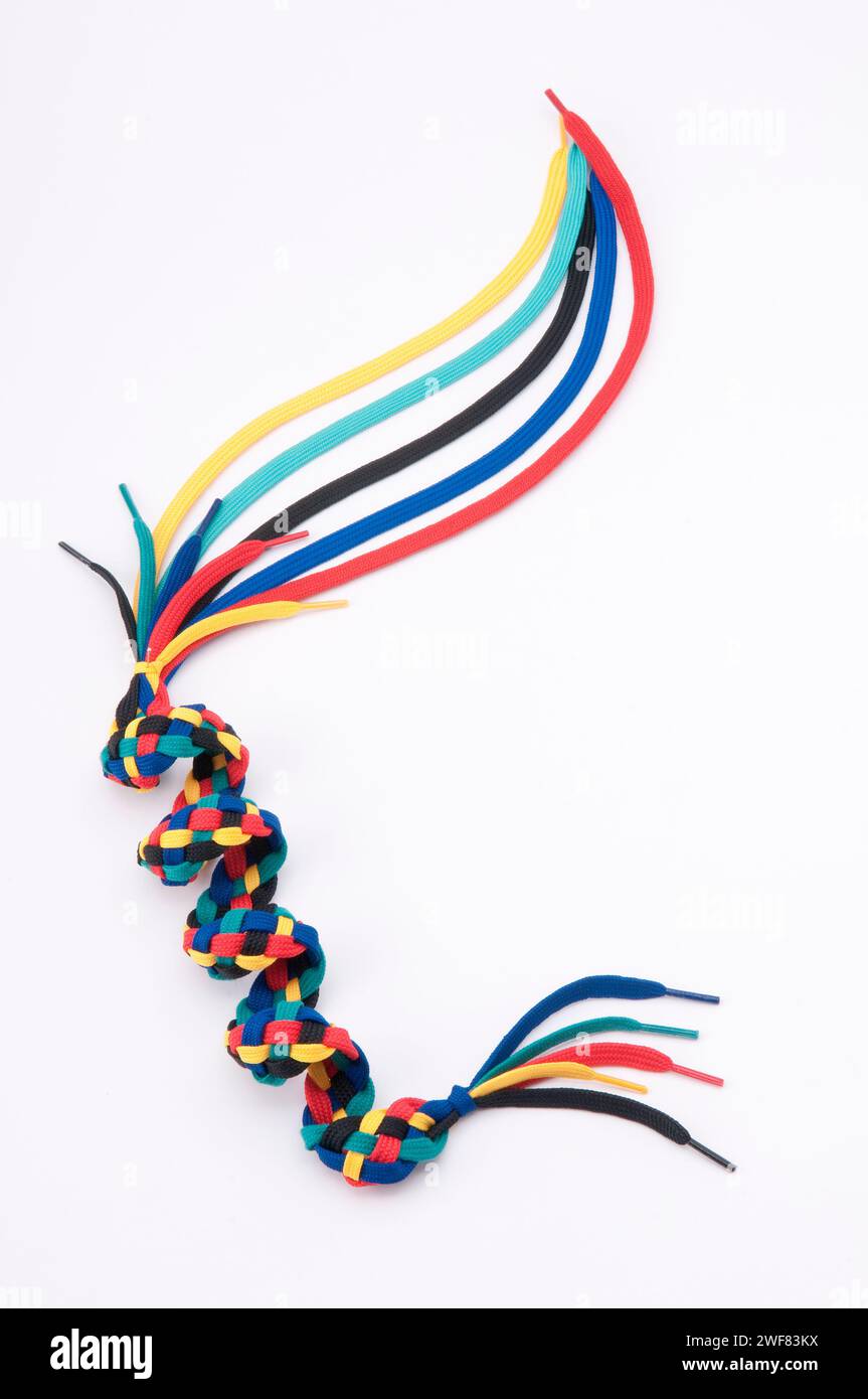 The olympic torch created out of colourful interwoven shoe laces on a ...