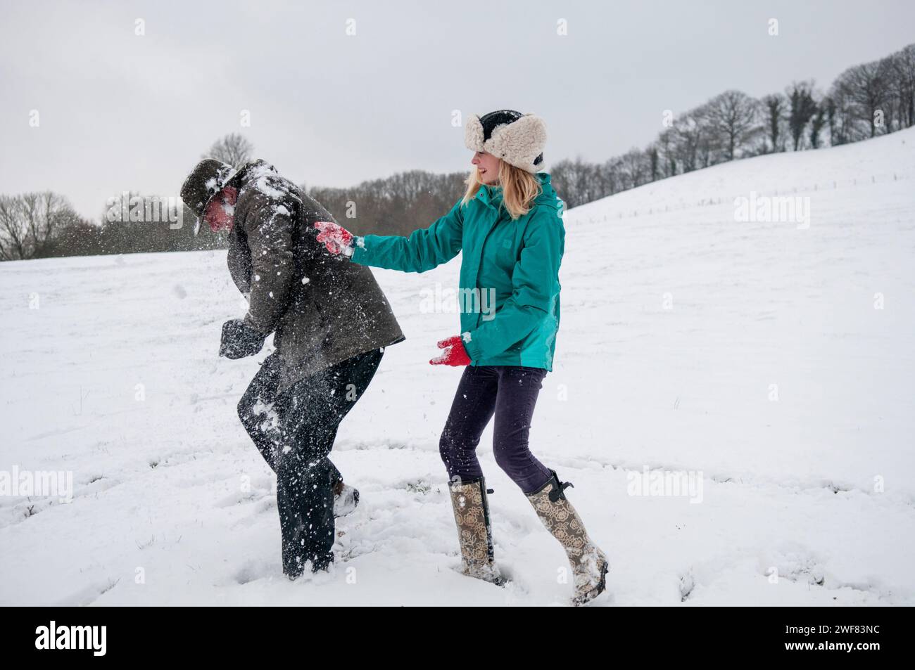 A family play snowball fights in a snowy winter landscape Stock Photo ...