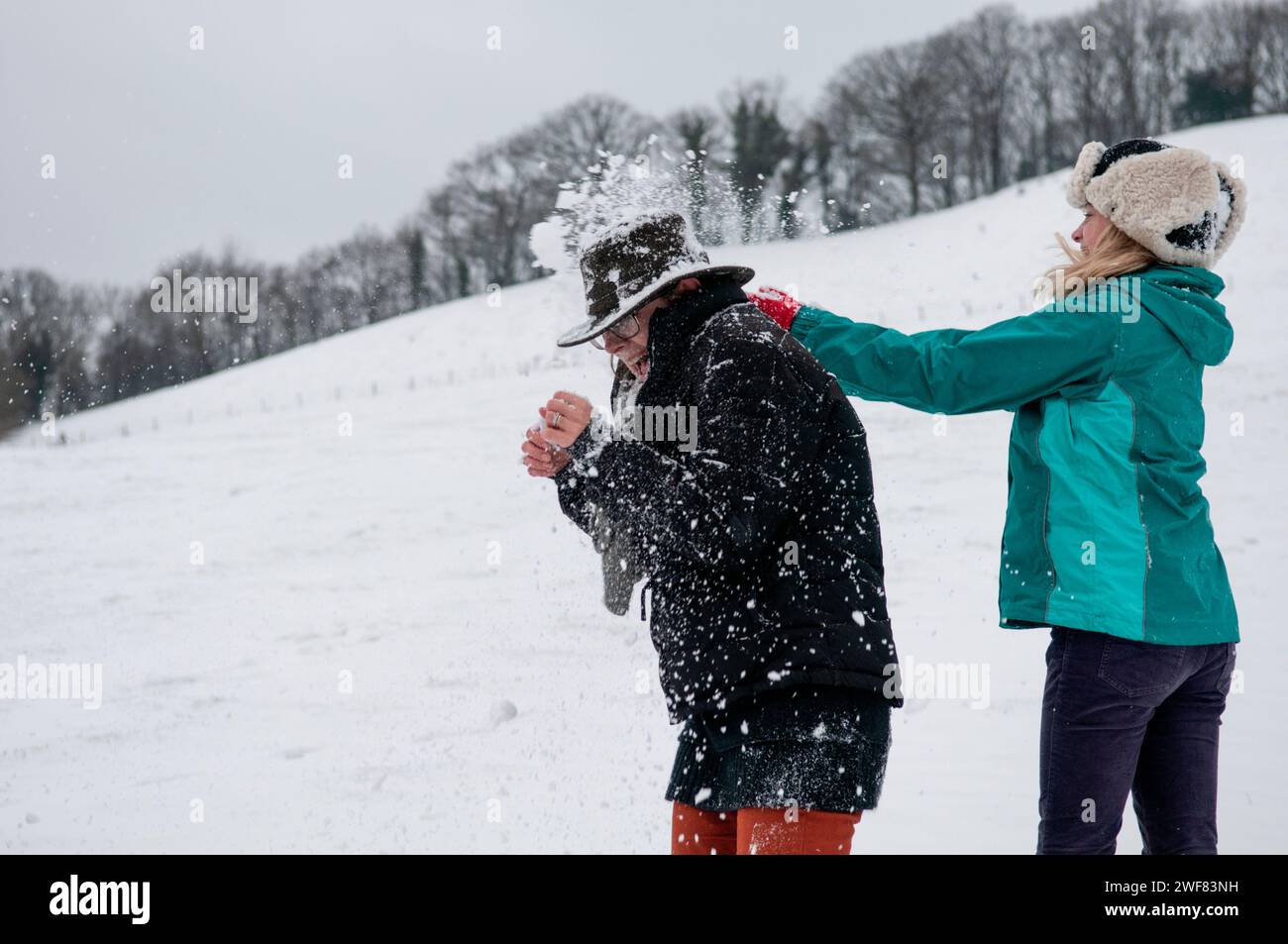 A family play snowball fights in a snowy winter landscape Stock Photo ...