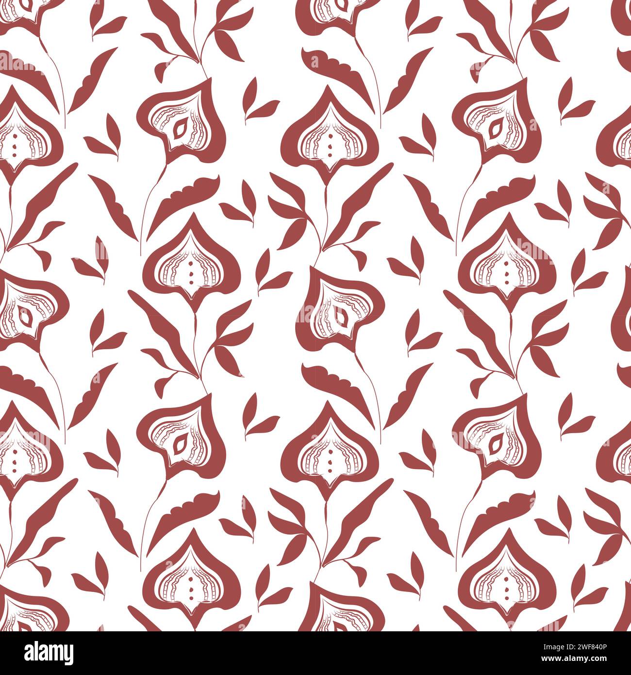 Folk art red white flowers vector seamless pattern background ...