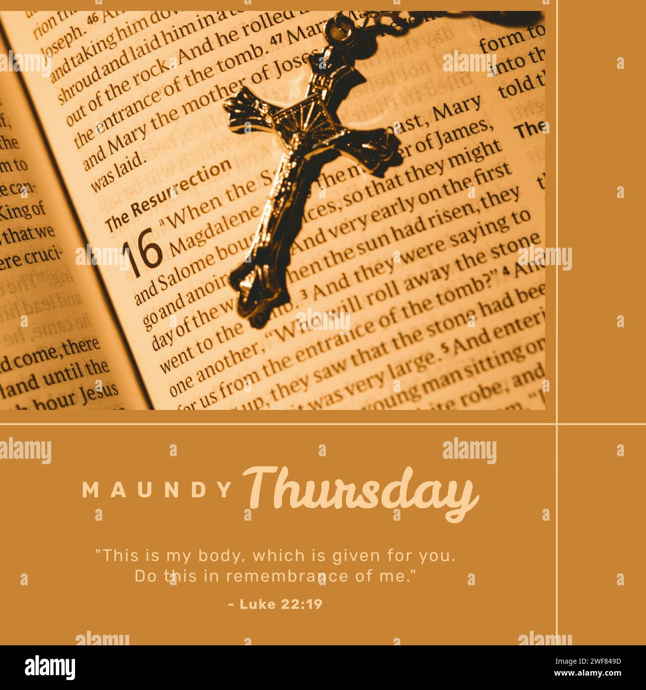 Composition of maundy thursday text over rosary and holy bible on beige ...