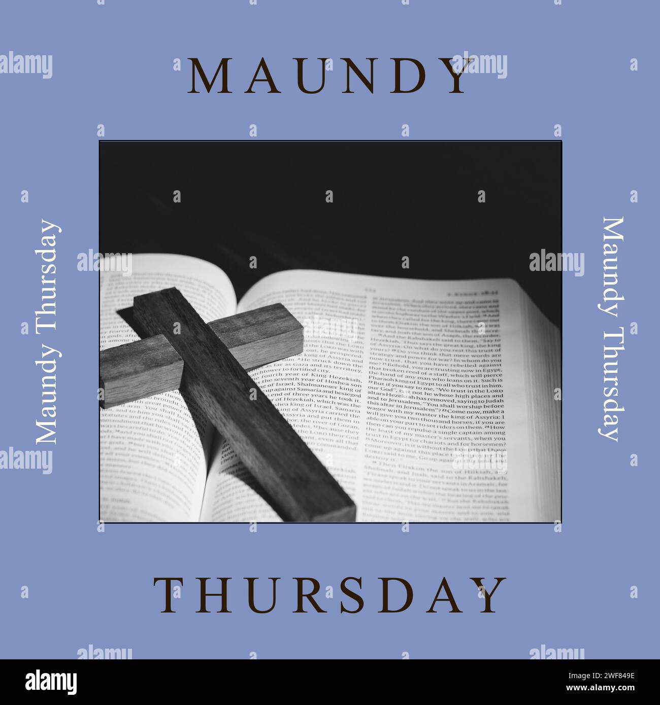 Composition of maundy thursday text over cross and holy bible on blue ...