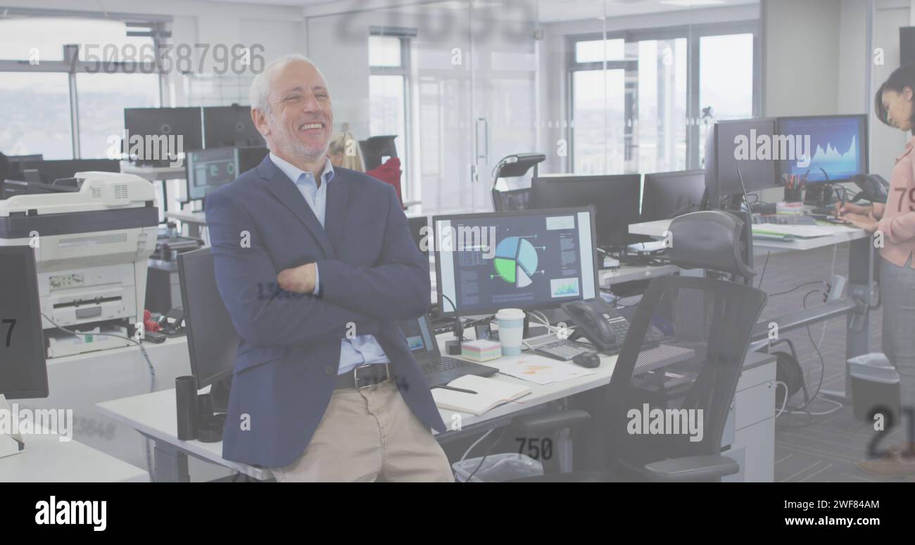 Image of numbers floating, a happy man standing in an office Stock ...