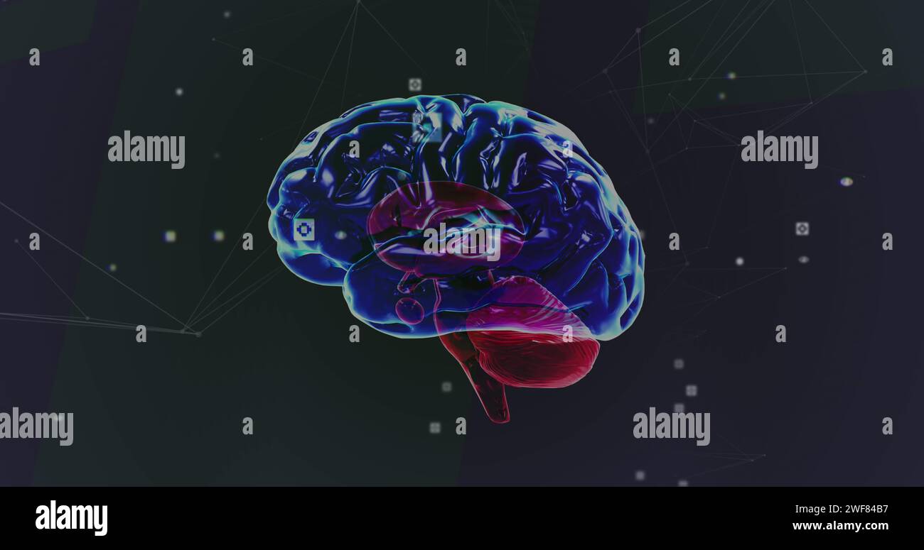 Image of human brain spinning and data processing over computer screens ...
