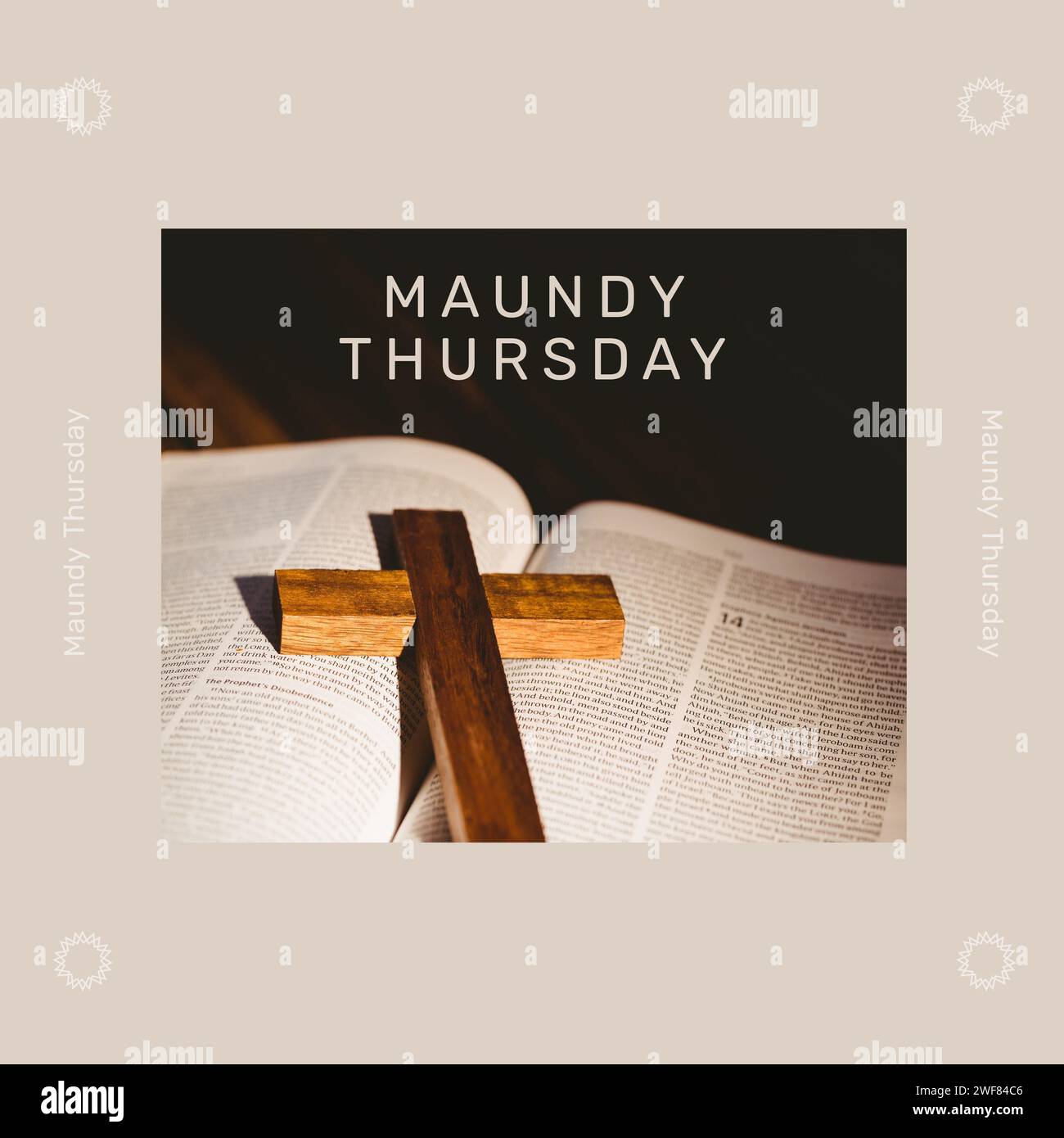 Composition of maundy thursday text over cross and holy bible on beige ...