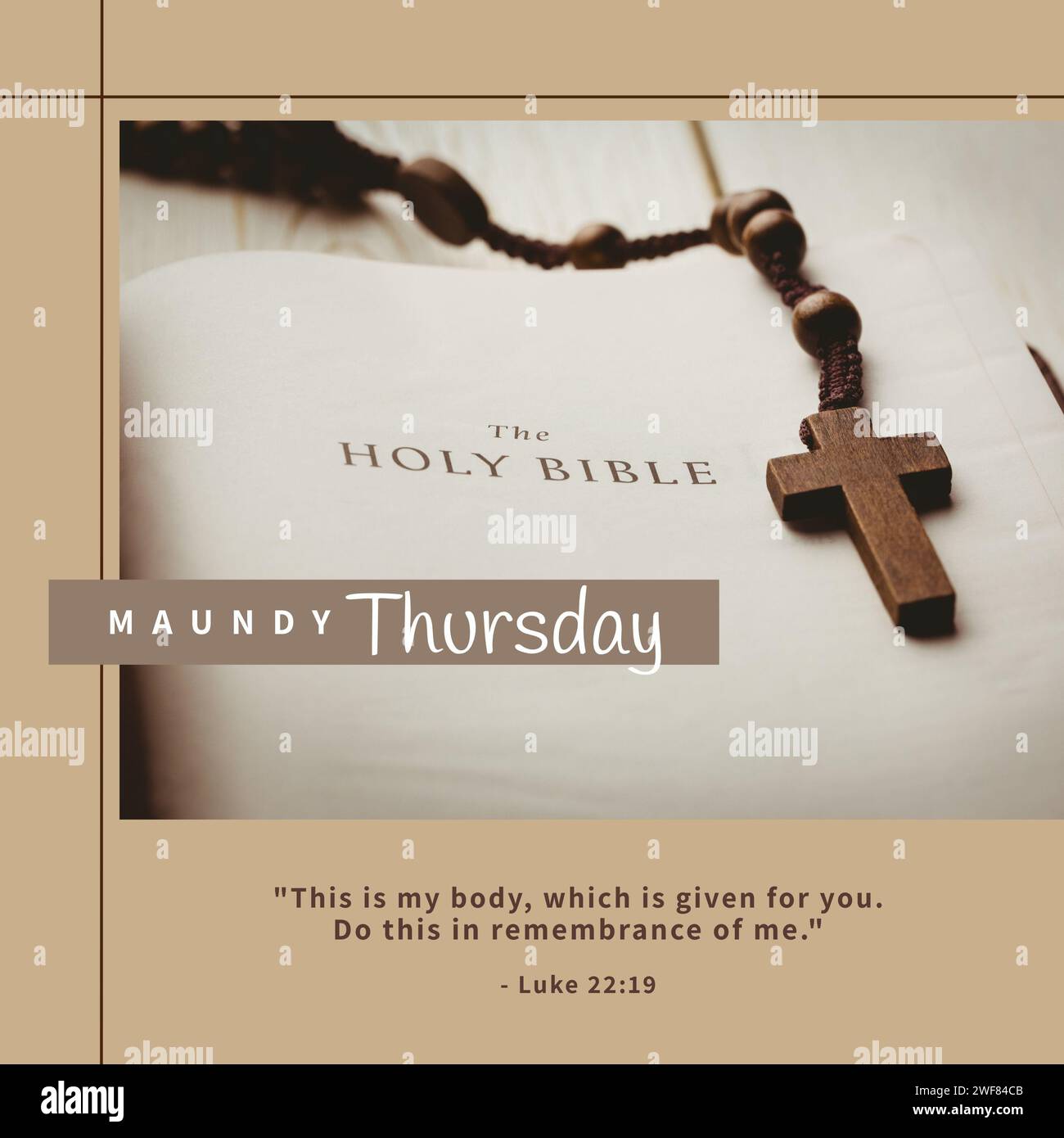 Composition of maundy thursday text over rosary and holy bible on beige ...