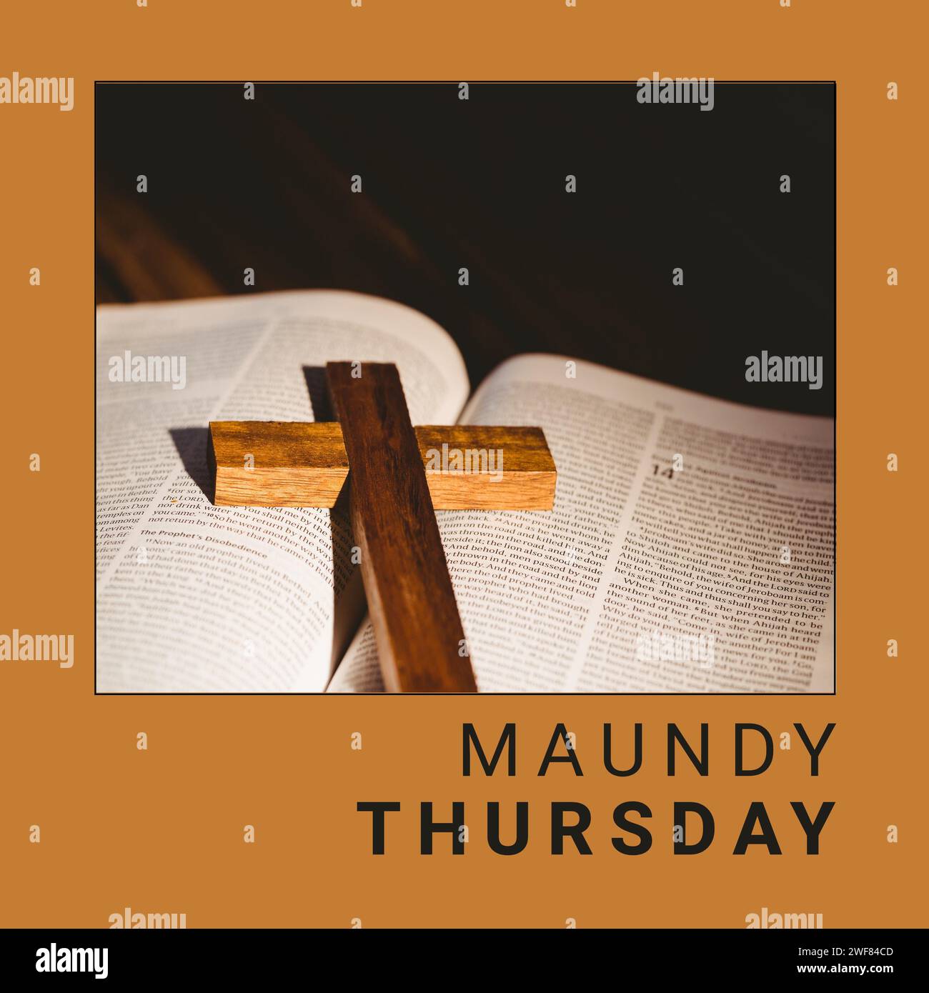 Composition of maundy thursday text over cross and holy bible on orange ...