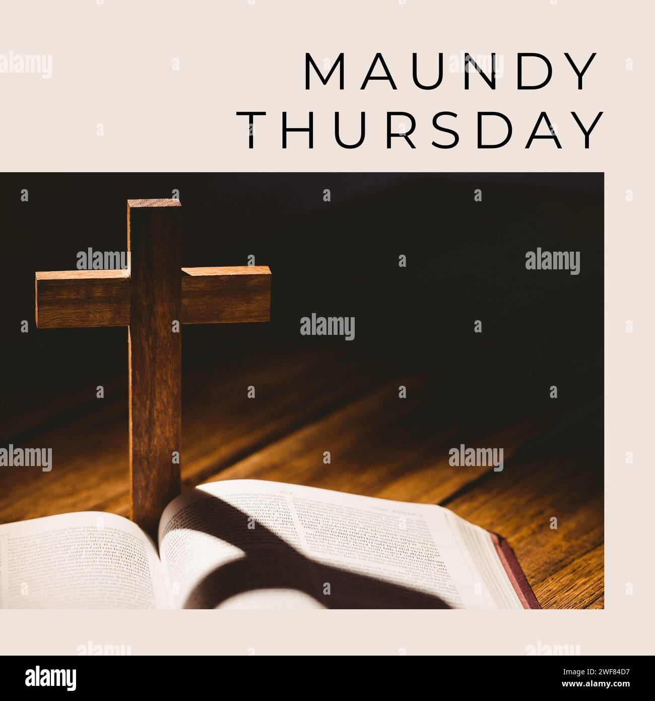 Composition of maundy thursday text over cross and holy bible on beige ...