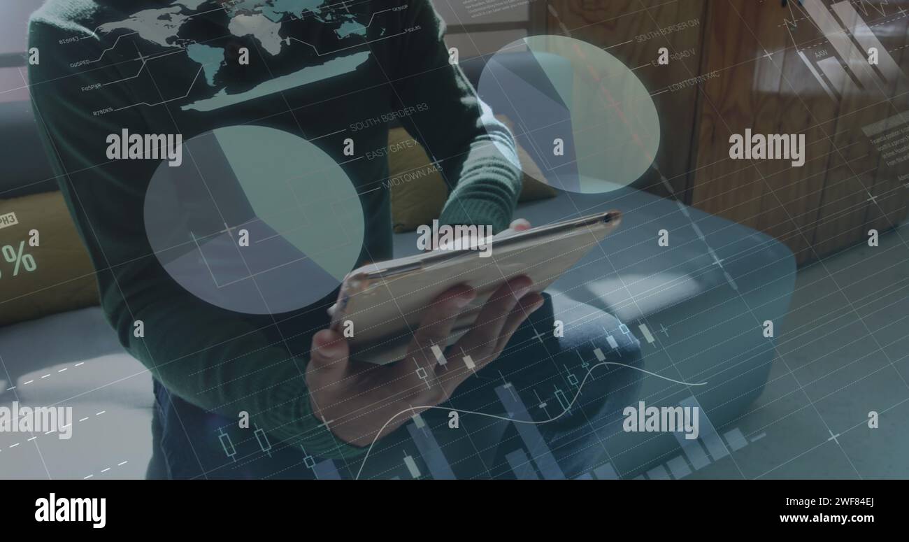 Image of digital interface showing statistics with man using laptop in ...