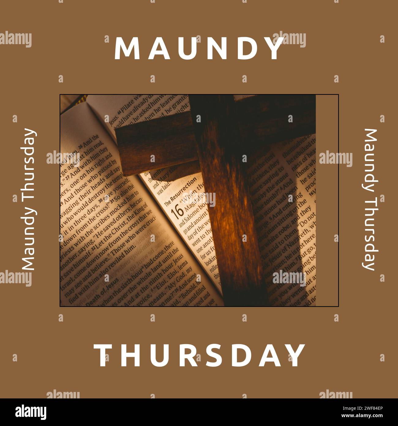 Composition of maundy thursday text over cross and holy bible on brown ...