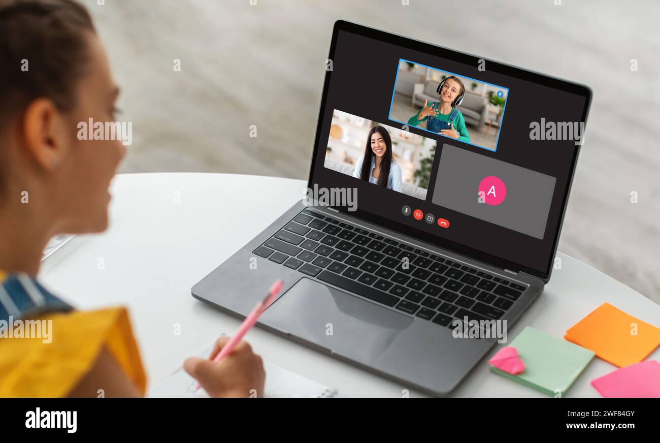 Homeschool teen girl student learning during virtual online class Stock ...