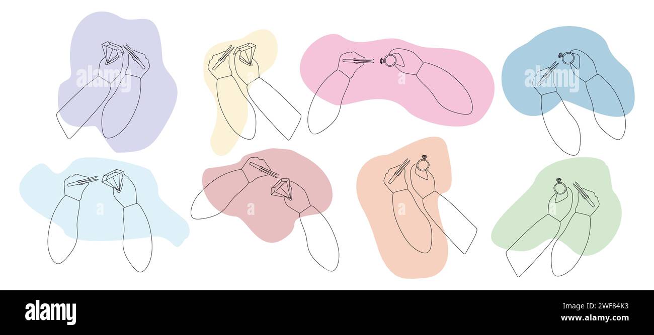 Set of Outline hands on Abstract color shapes with ring, Gemstone and ...
