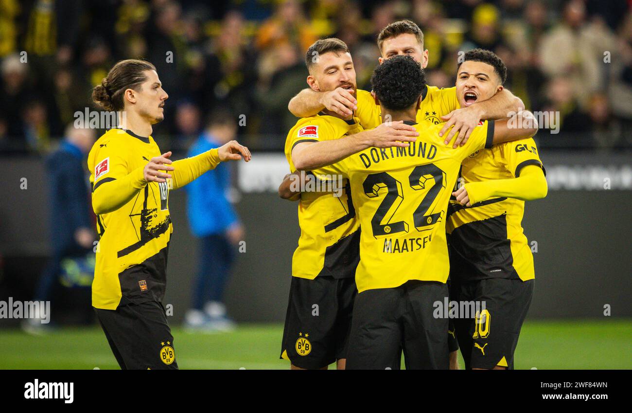 Dortmund, Germany. 28th Jan 2024. Torjubel: Marcel Sabitzer (BVB), Salih Özcan (BVB), Niclas ...