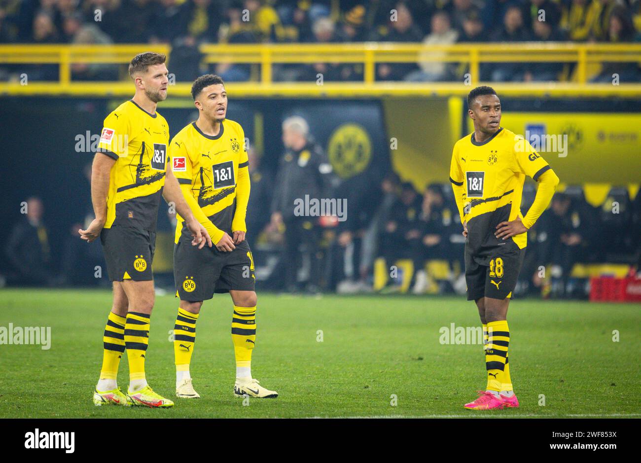Dortmund, Germany. 28th Jan 2024. Niclas Füllkrug (BVB), Jadon Sancho (BVB), Youssoufa Moukoko ...
