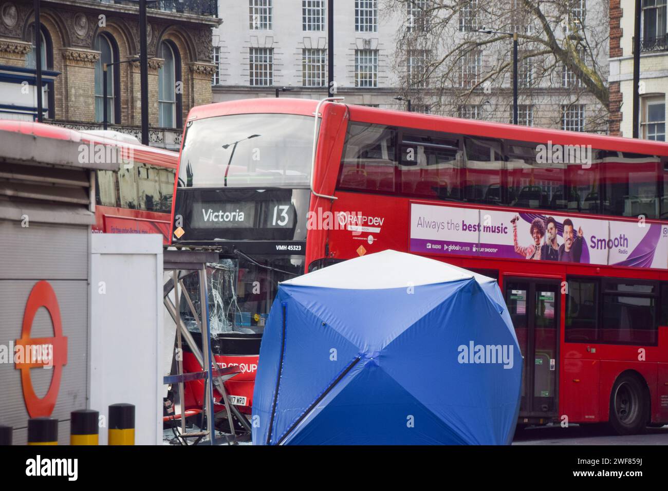 Red london bus crash scene hi-res stock photography and images - Alamy