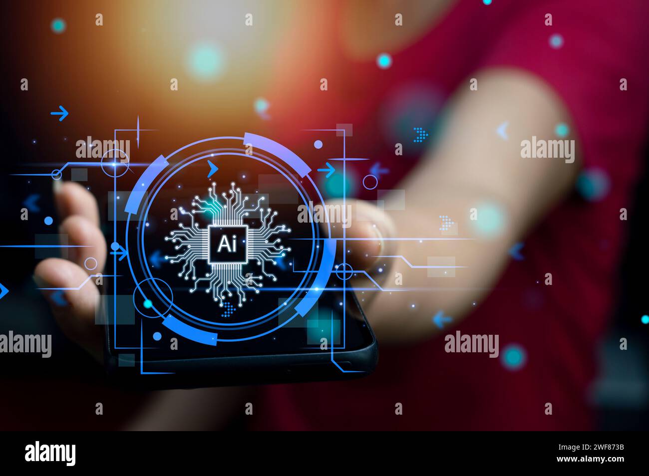 Concept. Businessman using smartphone to program digital chatbot robot ...