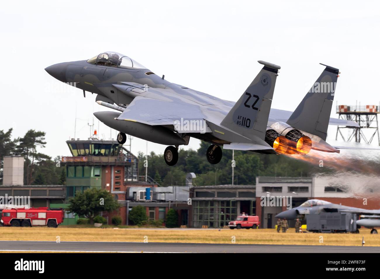 US Air Force F-15C Eagle fighter jet from Massachusetts Air National Guard taking off from ...