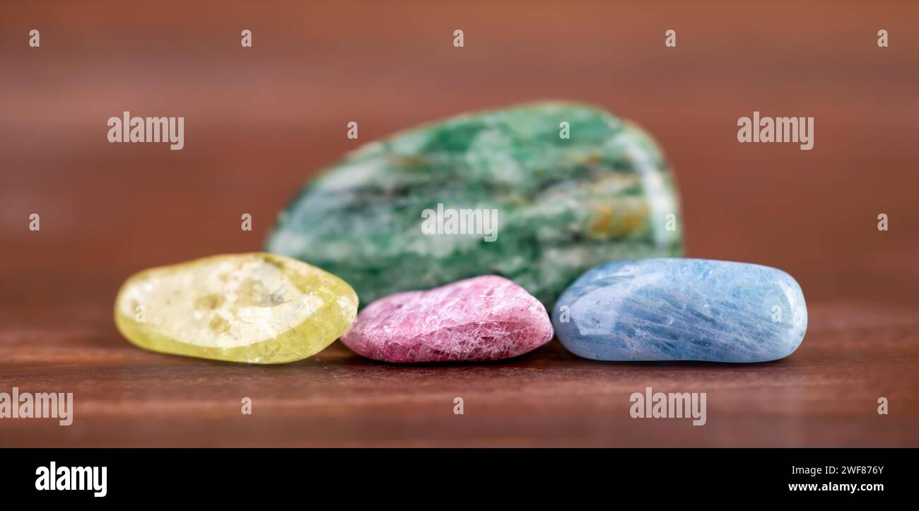 Colorful healing crystal stones, gemstones. Alternative therapy, chakra ...