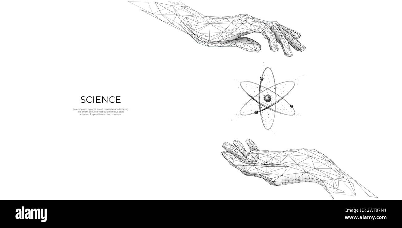 Abstract woman's hands holding atom symbol. Nuclear atom or molecule ...