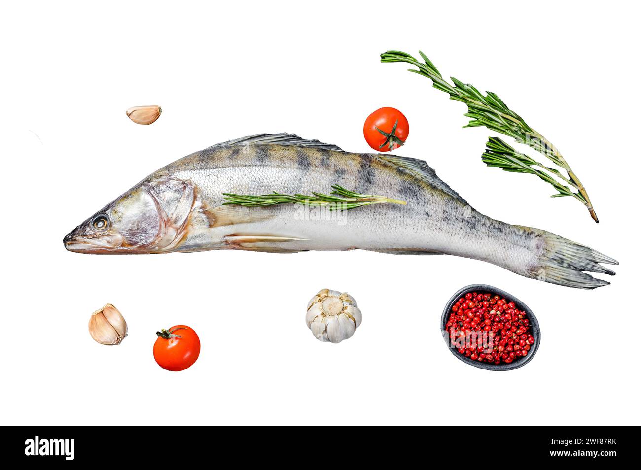 Raw zander, walleye fish with herbs. Isolated on white background. Top ...