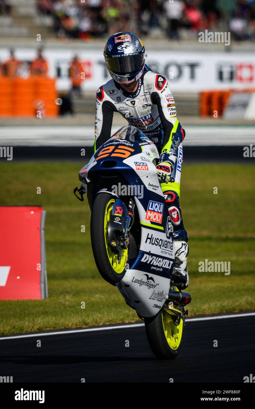 The Dutch Moto3 pilot Collin Veijer of Liqui Moly team doing a wheelie ...