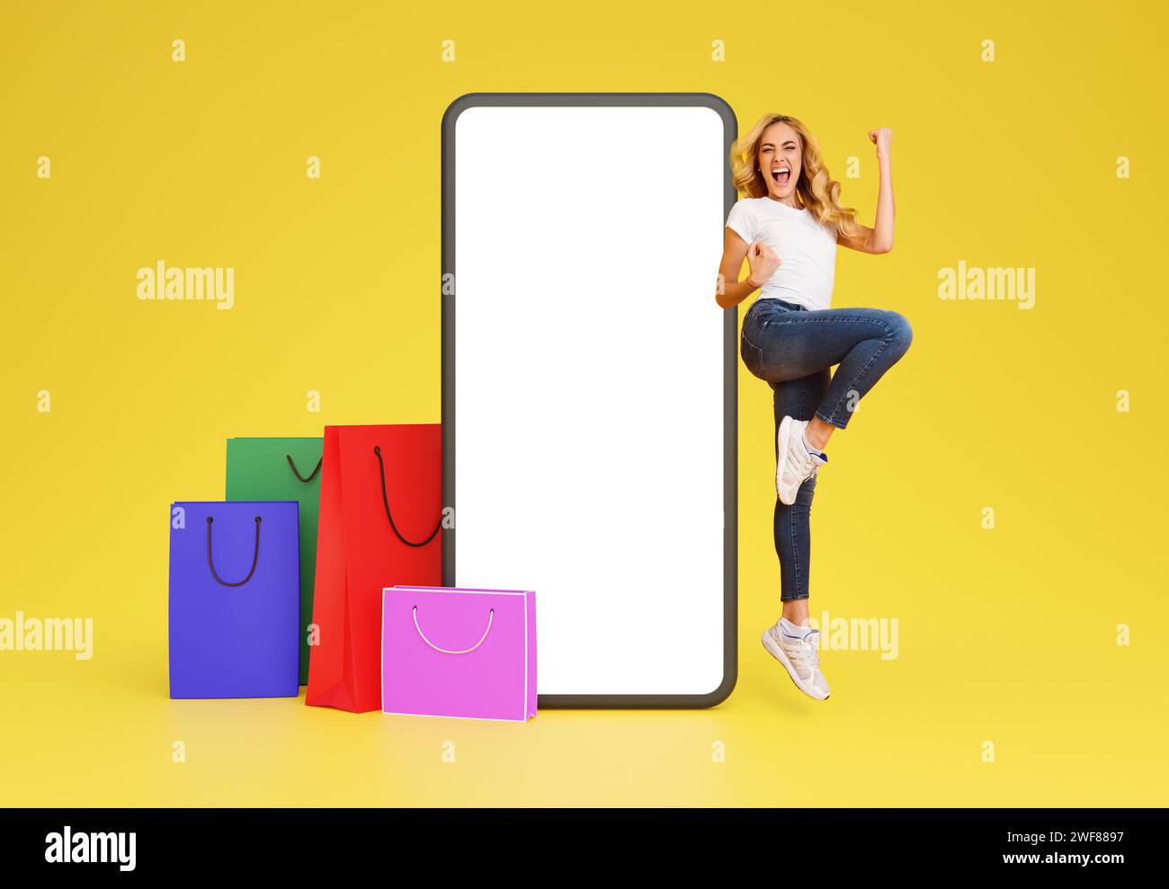 Happy Blonde European Woman Customer Jumping Near Big Phone, Collage ...