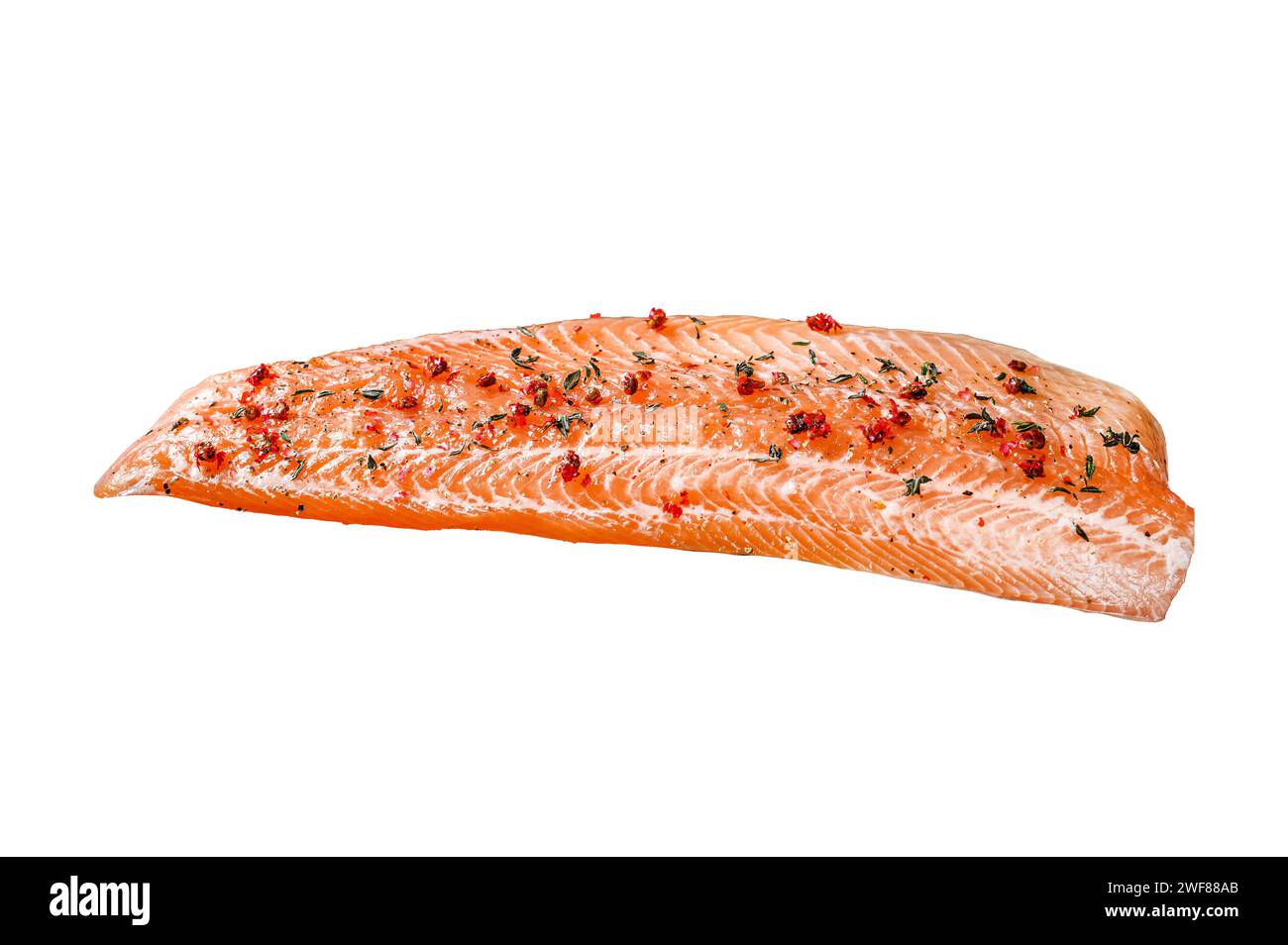 Salmon or trout sea fish fillet with salt and pink pepper. Isolated on ...