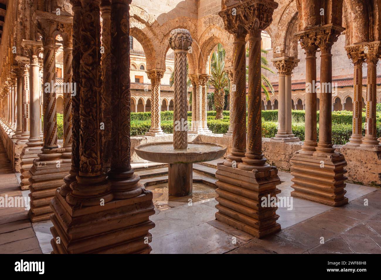 Monreale Cathedral cloister, columns and ancient fountain. Palermo ...