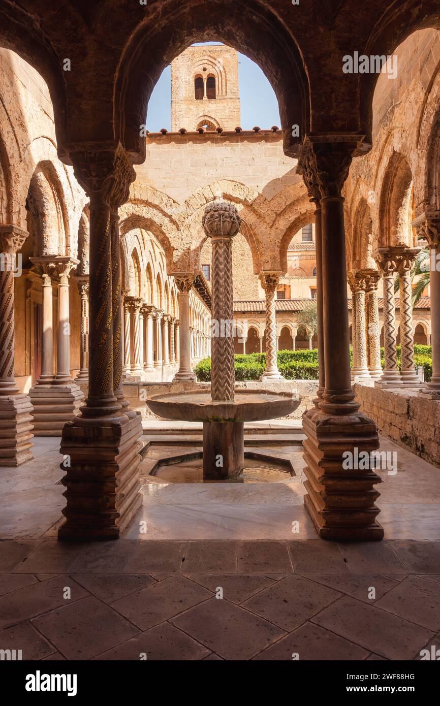 Monreale Cathedral cloister, columns and ancient fountain. Palermo ...