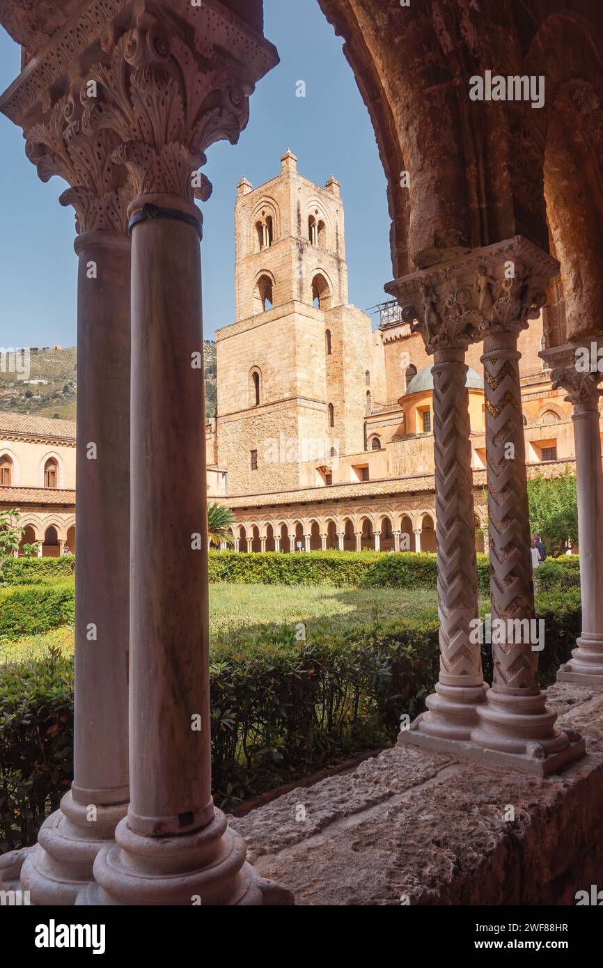 Monreale Cathedral, abbey cloister with columns. Palermo Stock Photo ...