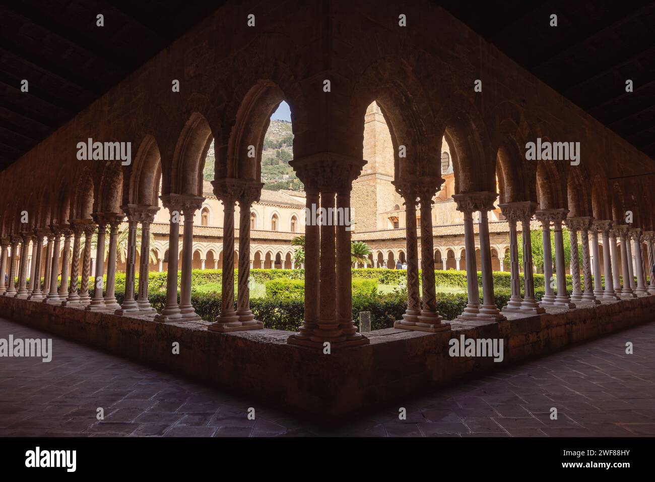 Monreale Cathedral, abbey cloister with columns. Palermo Stock Photo ...