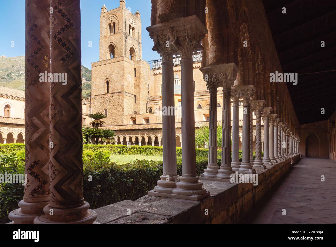Monreale Cathedral cloister with byzantine columns, Palermo Stock Photo ...