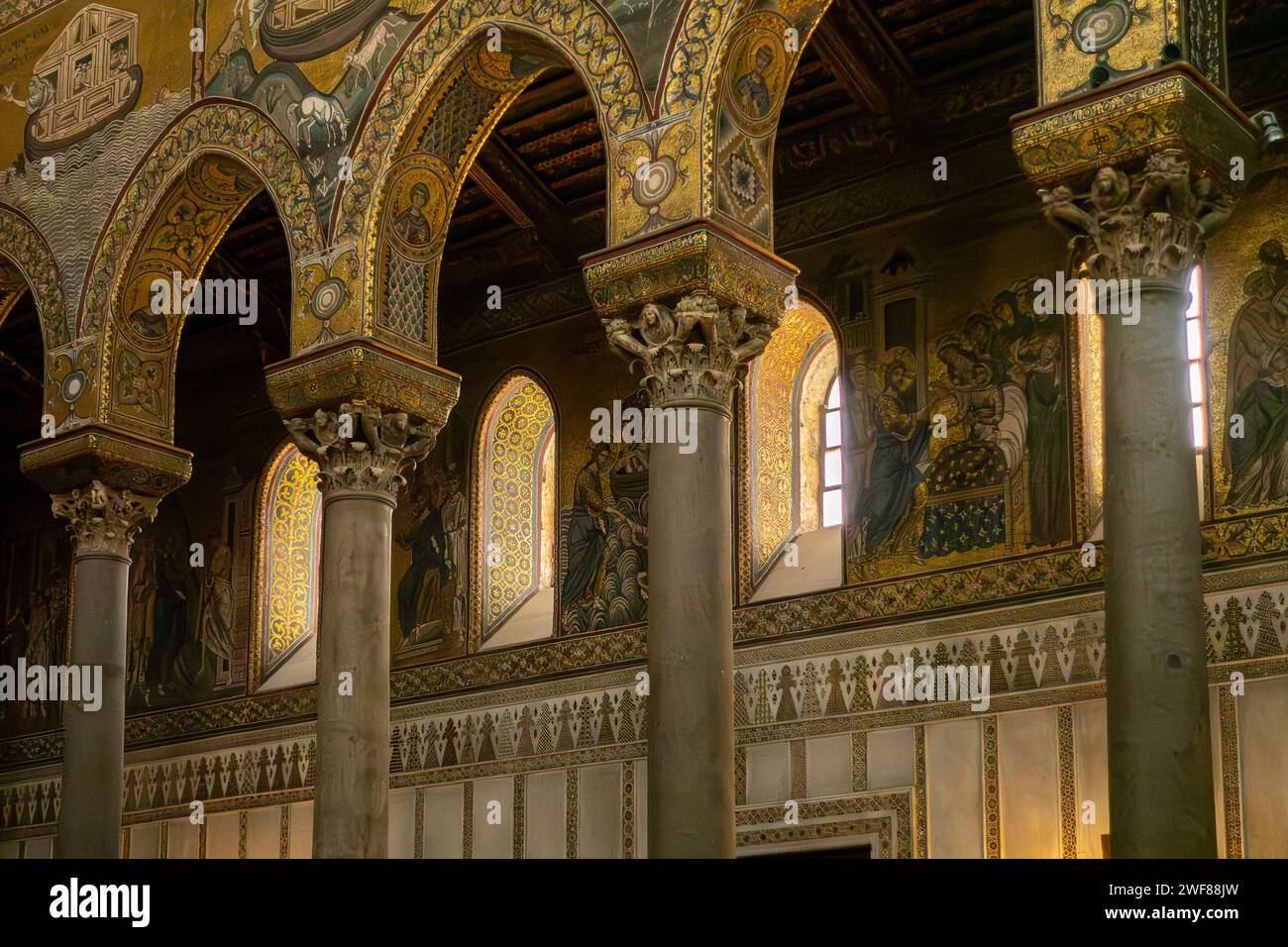 Monreale Cathedral interior. Ancient Byzantine mosaic art, Palermo ...