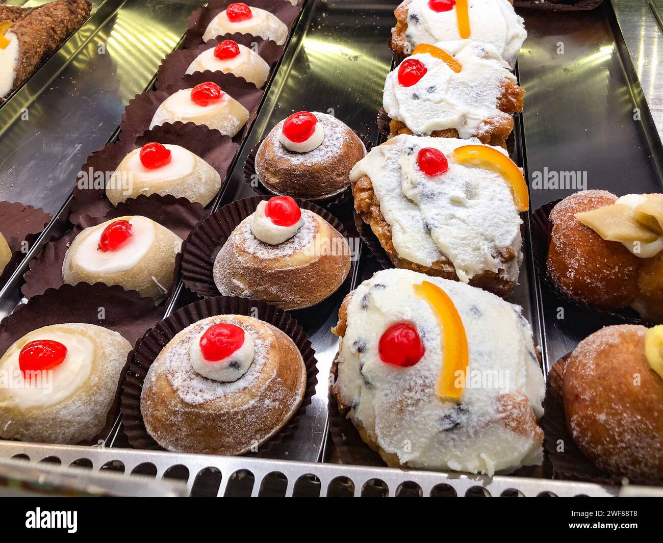 Italian, Sicilian sweet dessert Cannoli, pastry shop. Sicily, Italy, a ...