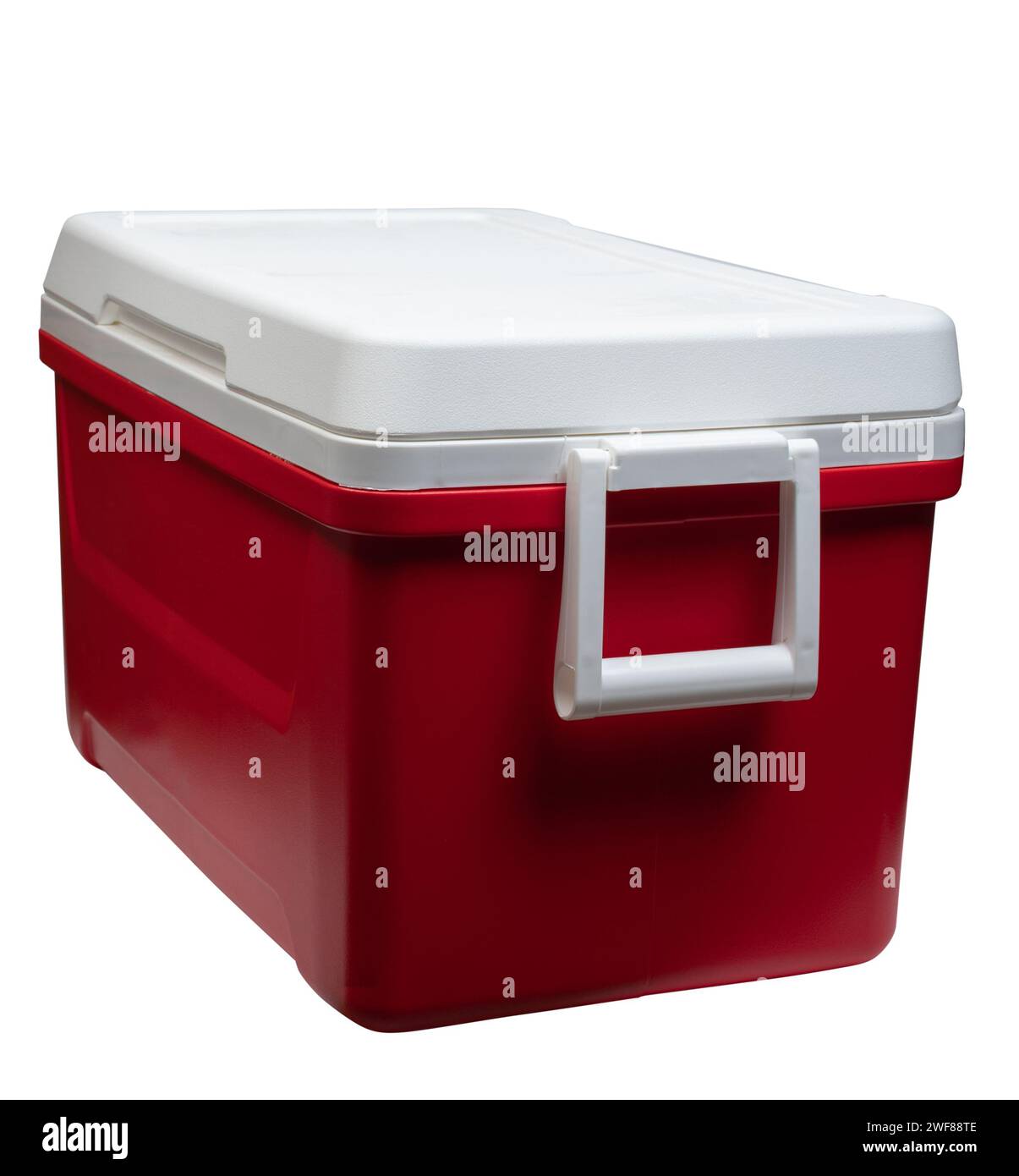 Plastic portable cooling storage with handle isolated on white studio ...