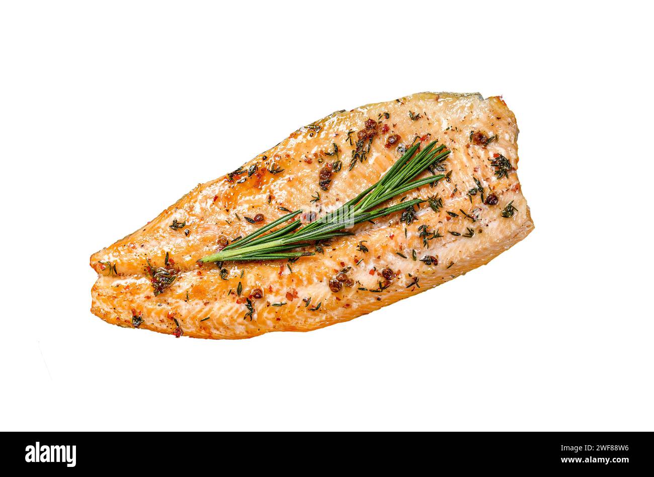 Baked trout fillet Isolated on white background. Top view Stock Photo ...