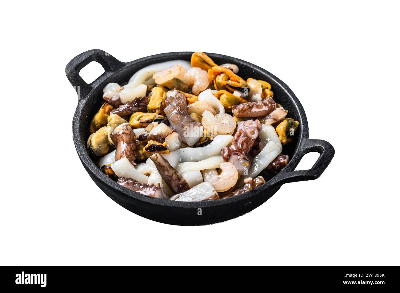 Raw seafood mix. Fresh mussels, clams, squid, octopus, shrimps and ...