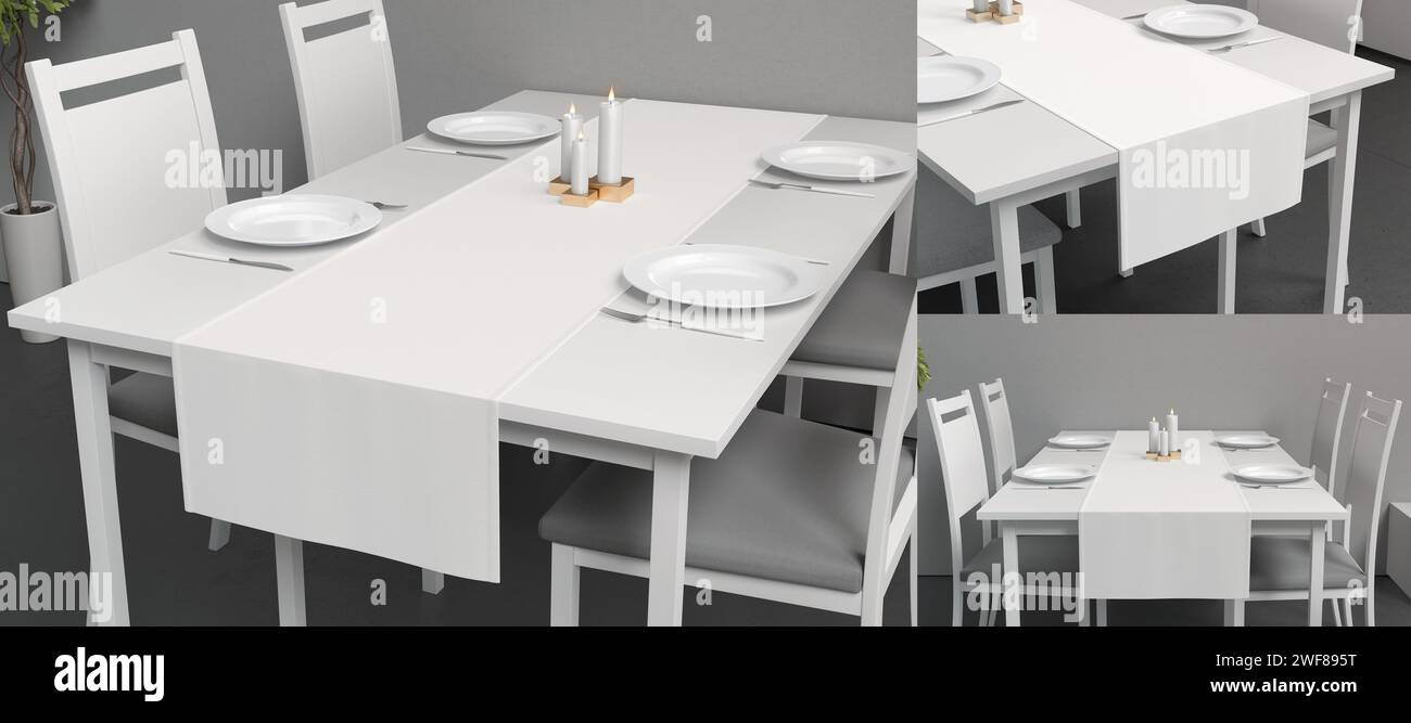 Blank white table runner and dishes mockup, interior background, 3d ...