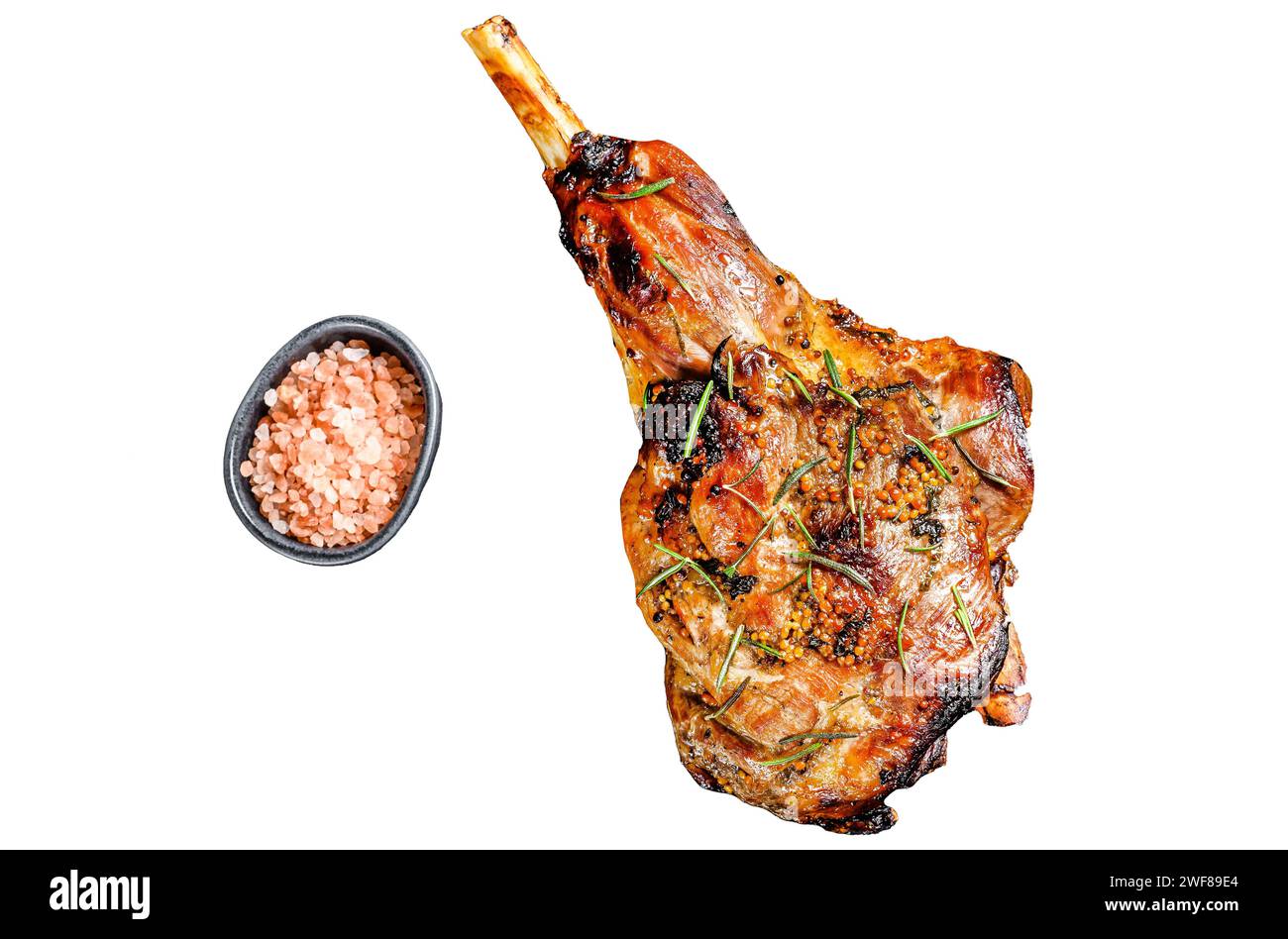 BBq Roasted goat leg. Farm meat. Isolated on white background. Top view ...