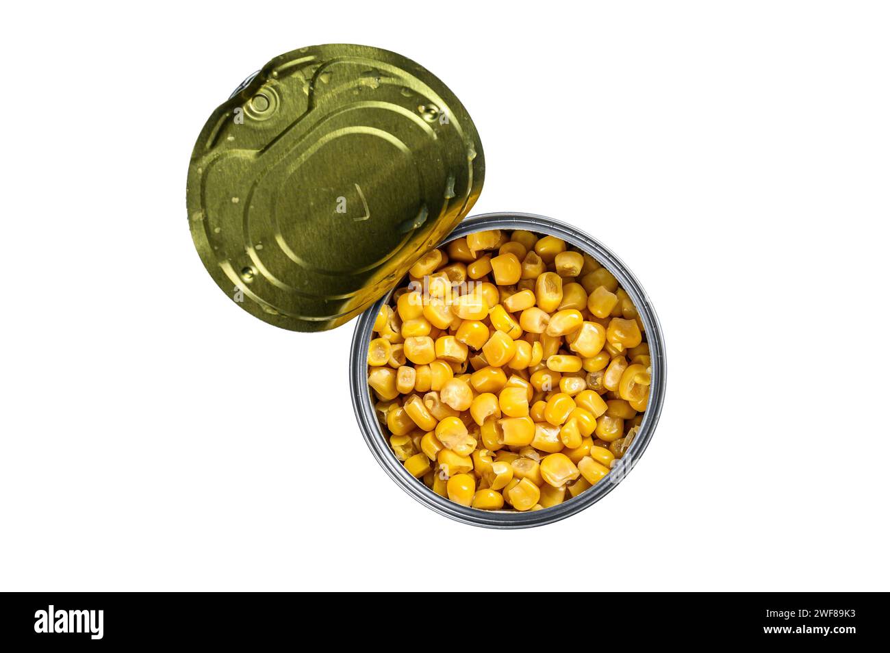 Grains of sweet canned corn in a can. Isolated on white background. Top ...