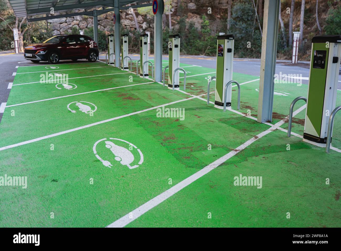 A row of electric vehicle charging stations marked by green paint on ...