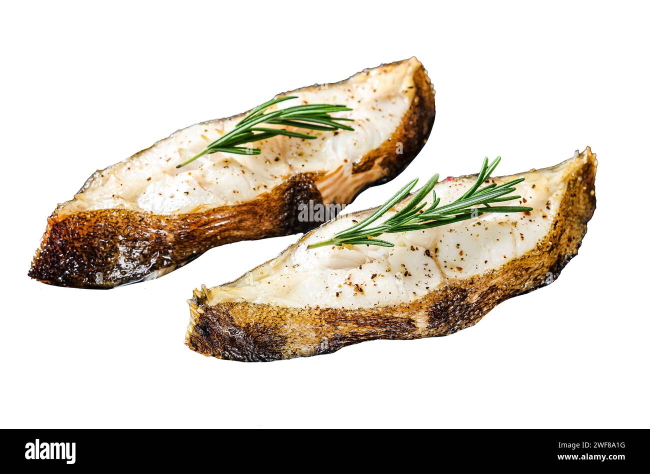 Baked halibut fish steak. Isolated on white background. Top view Stock ...