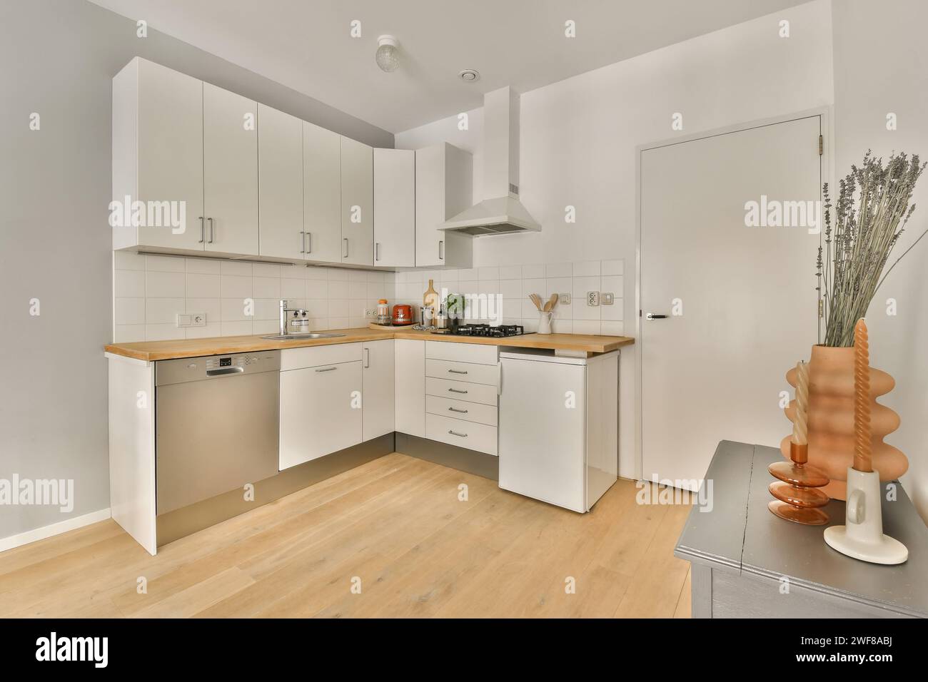 A contemporary kitchen featuring white cabinetry, wooden countertops ...