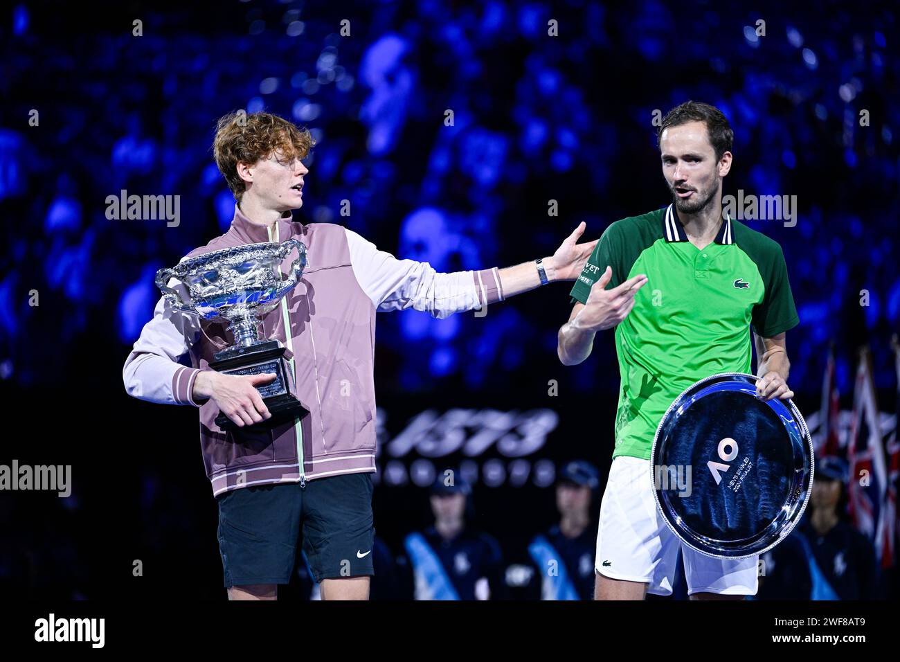 Jannik Sinner and Daniil Medvedev during the Australian Open AO 2024 men's final Grand Slam ...