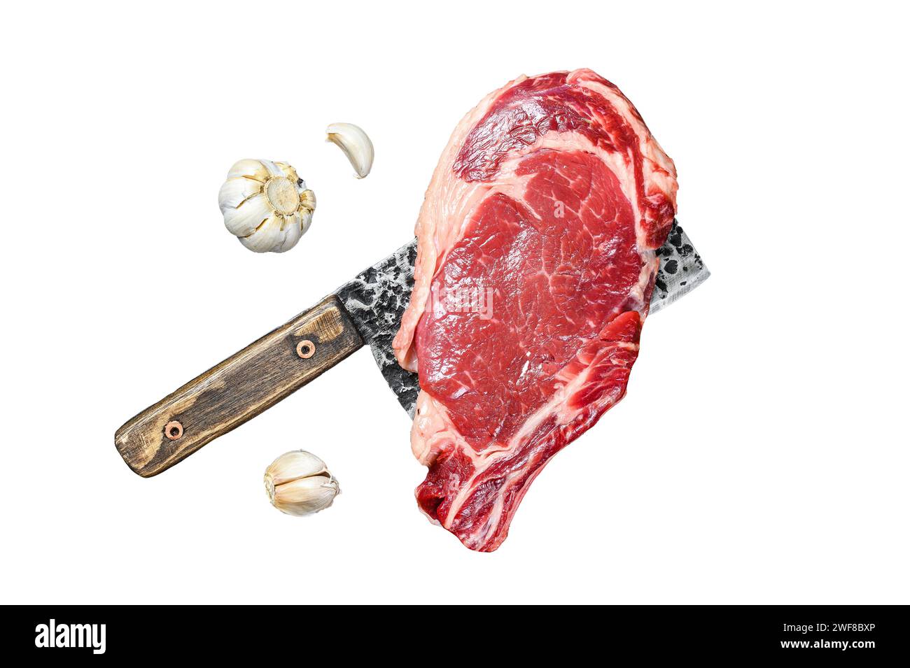 Raw cowboy or rib eye steak on the bone on a meat cleaver. Marble beef ...